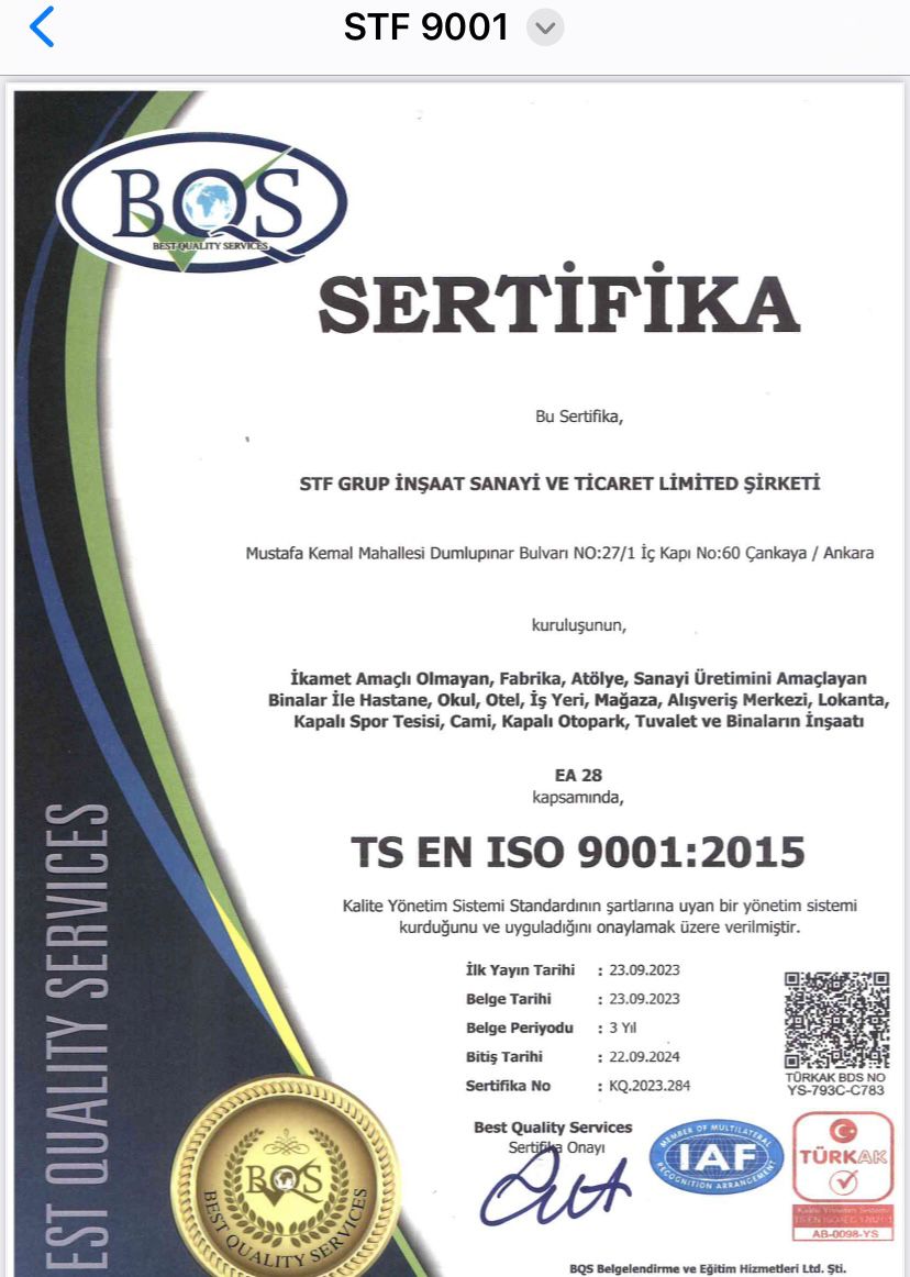 STF ISO 9001 Kalite Yönetim Sistemi Belgesi